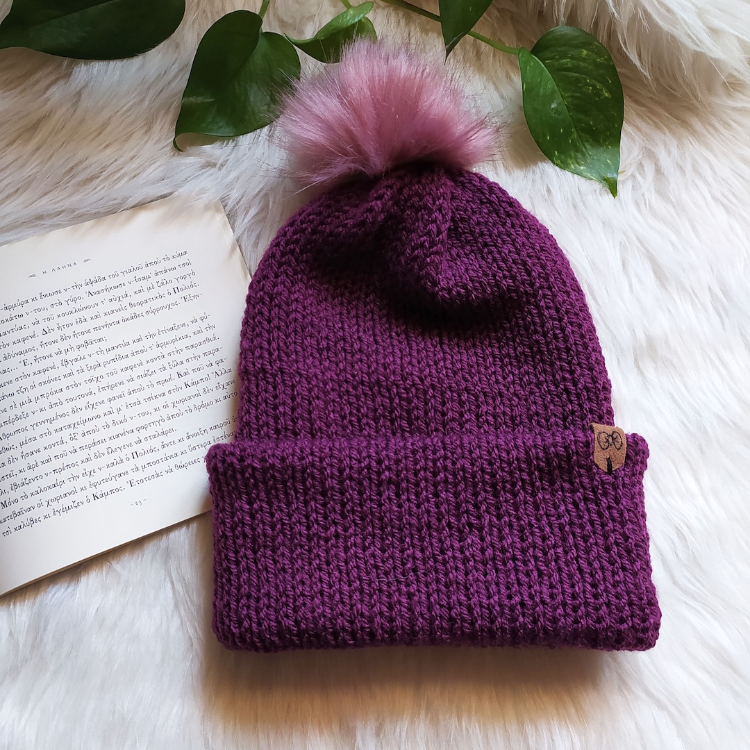 Purple Knit Beanie, Double Brim Knit Hat, Knitted Beanie, Knit Beanie ...