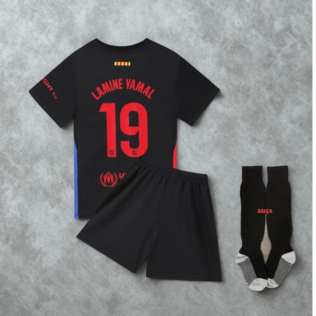 Barcelona Lamine Yamal 19 Black Football Kit Customise Kids Soccer Barcelona Lamine Yamal 19 Black Football Kit Customise Kids Soccer