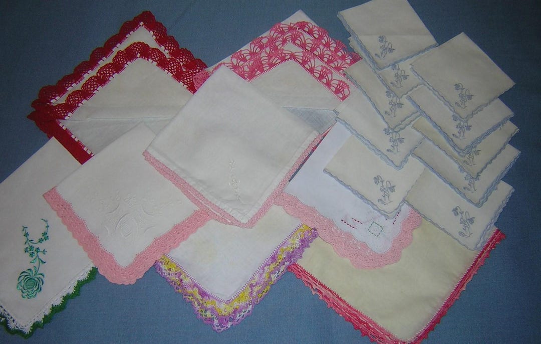 Lot of 18 unique Vintage Hankies 8 Large Size With Crocheted Edge & 10 ...