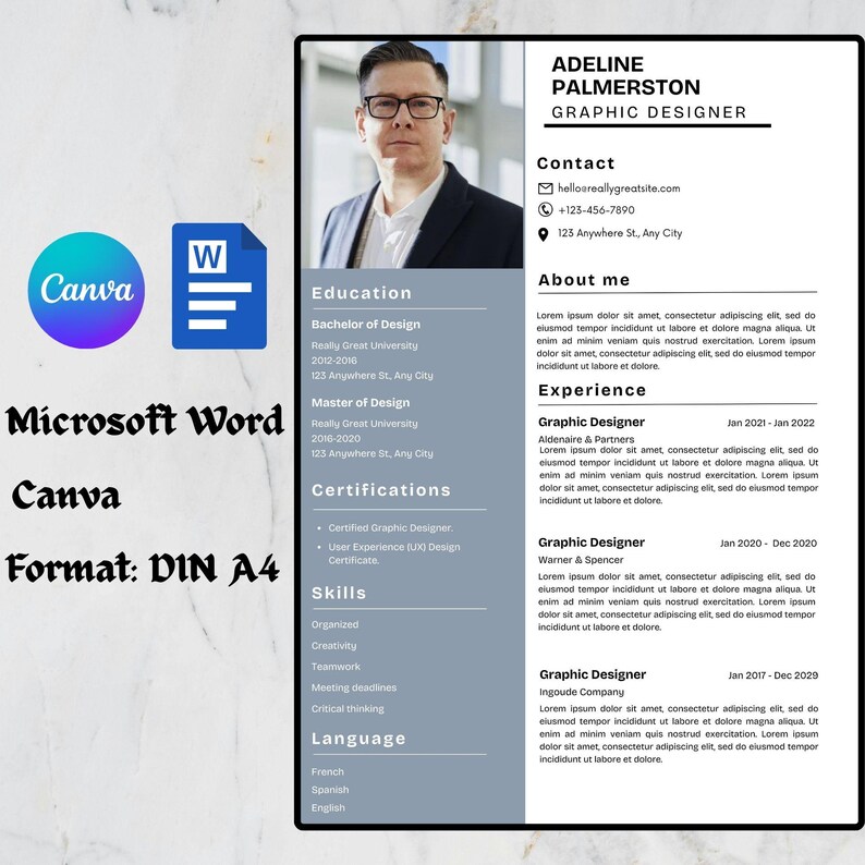 Modèle de CV minimaliste Canva, CV professionnel avec photo (format A4 ...