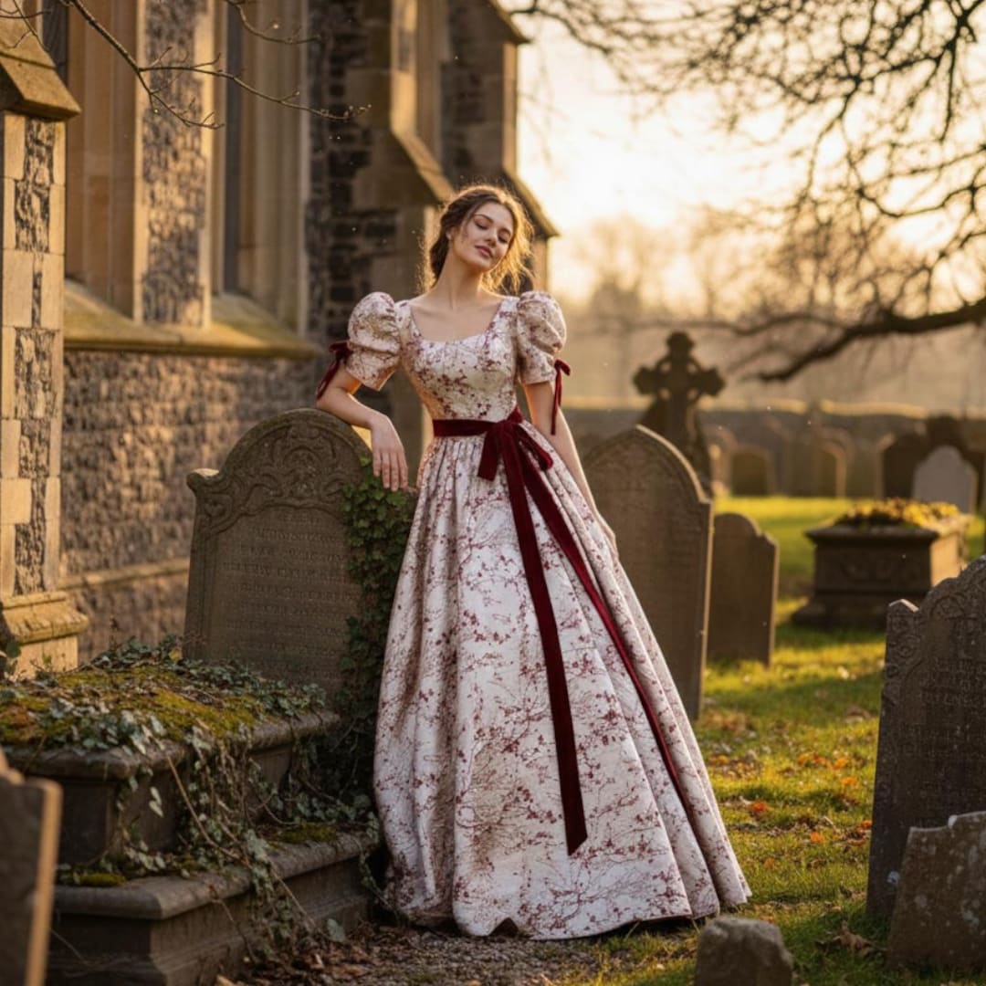 Medieval Renaissance Cream & Burgundy Gown | Romantic Square Neck Puff ...