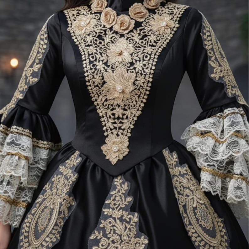 Medieval Renaissance Gown Black Gold Lace Bell Sleeves Gothic Victorian ...
