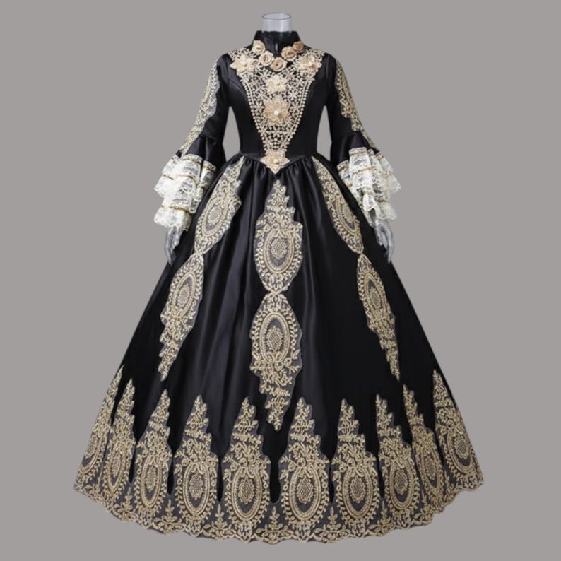 Medieval Renaissance Gown Black Gold Lace Bell Sleeves Gothic Victorian ...