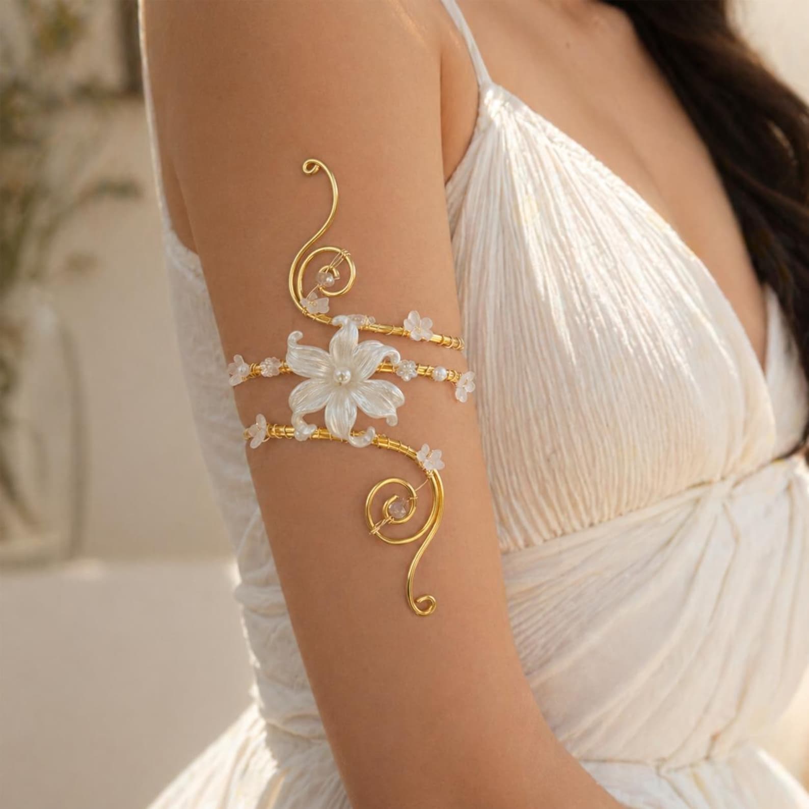 Floral Gold Arm Cuff Bracelet With Pearls – Boho Bridal Jewelry ...