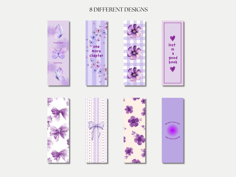 8 Purple Coquette Printable Bookmarks | Lavender Aesthetic Bookmark Set ...