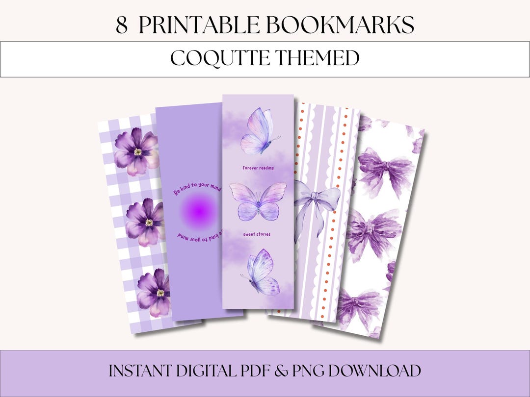 8 Purple Coquette Printable Bookmarks | Lavender Aesthetic Bookmark Set ...