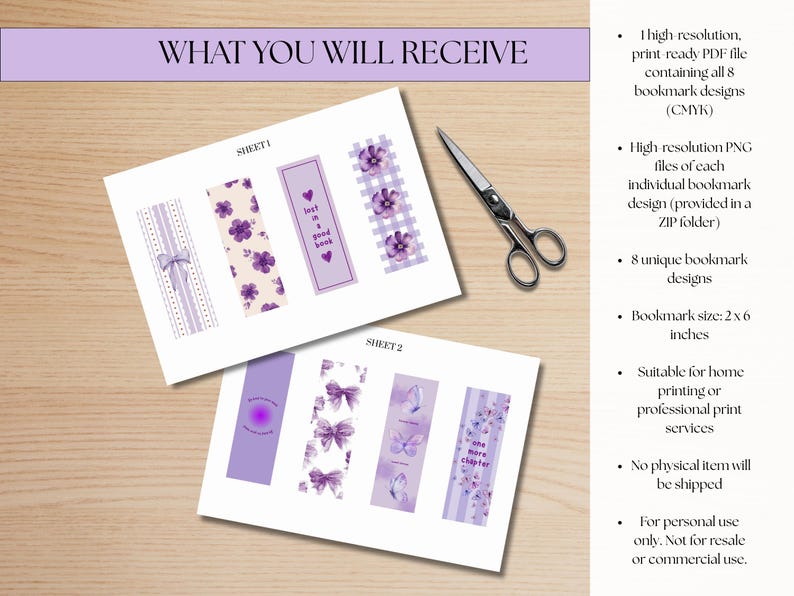 8 Purple Coquette Printable Bookmarks | Lavender Aesthetic Bookmark Set ...