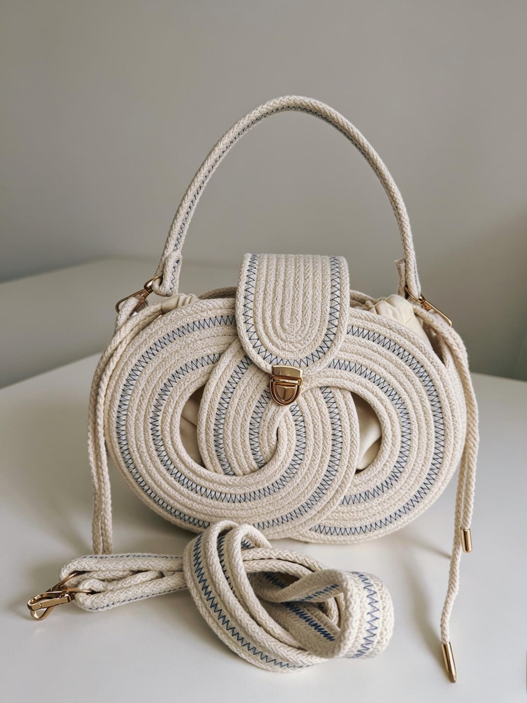Cream White Cotton Rope Bag | Royal Blue Stitching, Gold Details ...