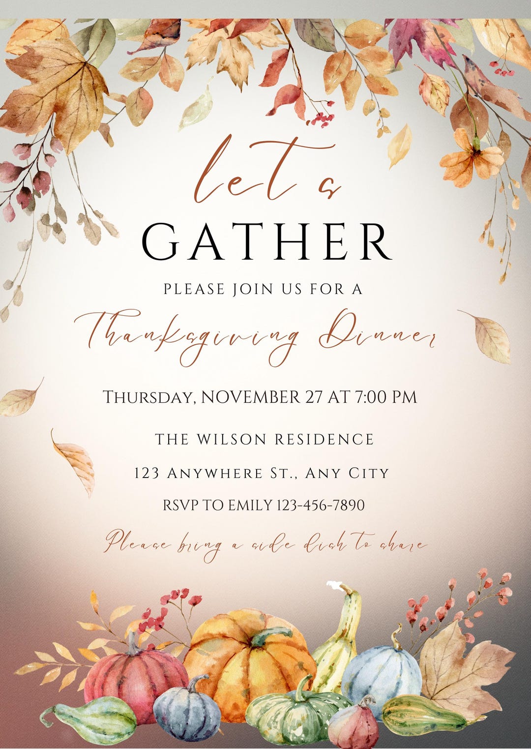 Editable Thanksgiving Party Invitation, Autumn Leaves, Pumpkin, Turkey ...