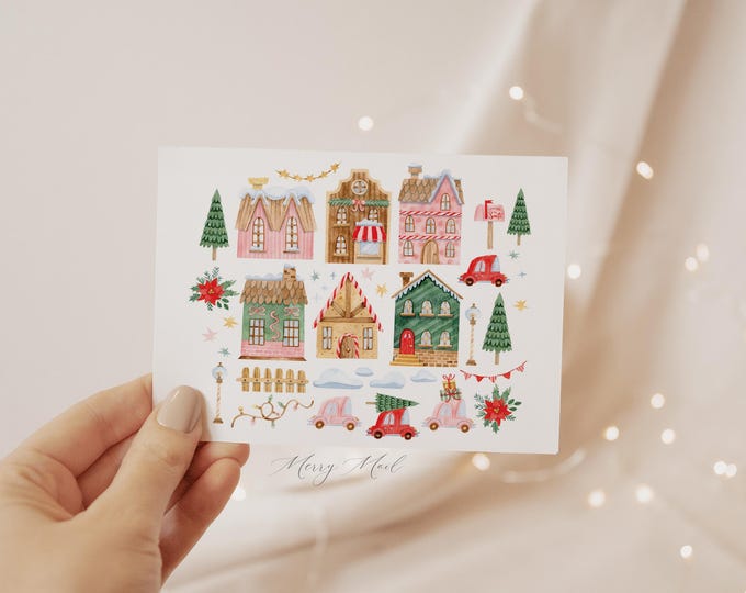 Christmas Cards - Whimsical Holiday Village, Gingerbread House ...