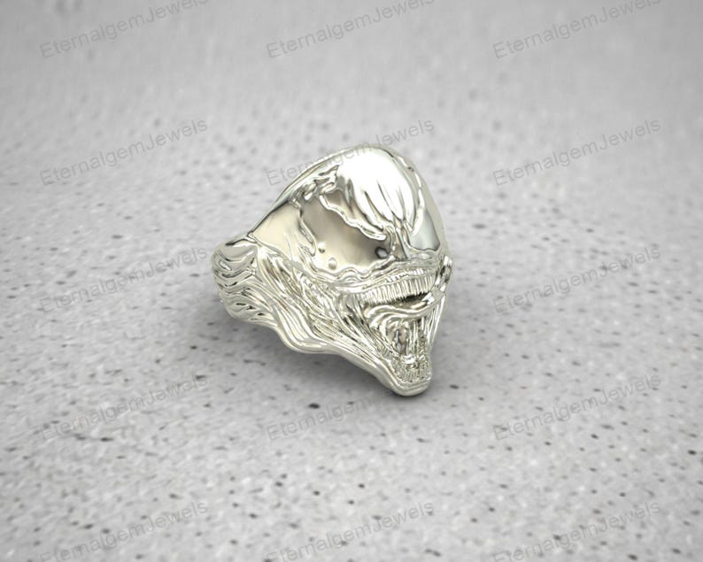 925 Sterling Silver Symbiote Skull Ring, Venom Inspired Gothic Monster ...