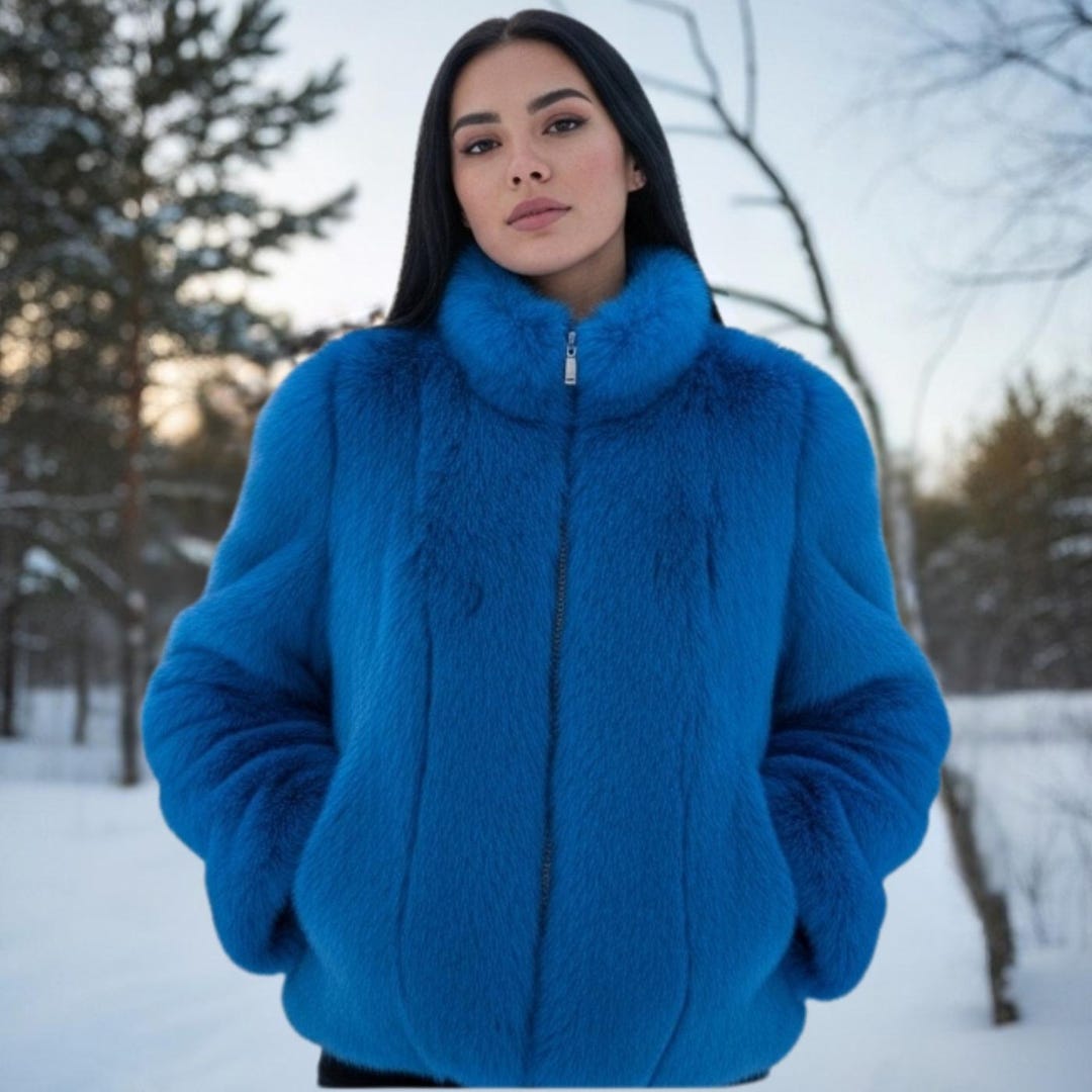Royal Blue Fox Fur Style Jacket | Elegant Winter Wear - Etsy