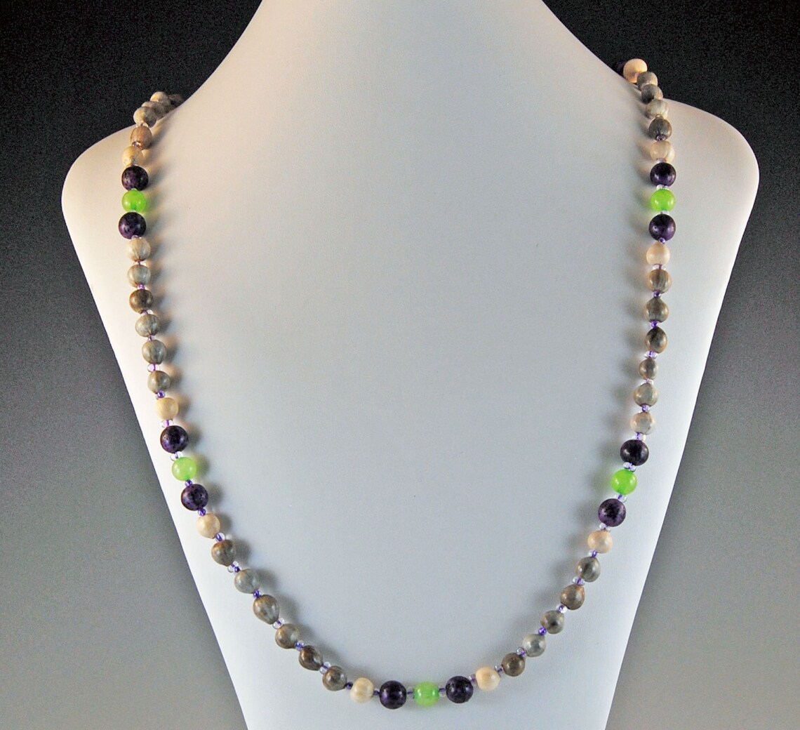 Job's Tears Necklace With Purple Salwag Beads and Green Jade, 31 Inches ...