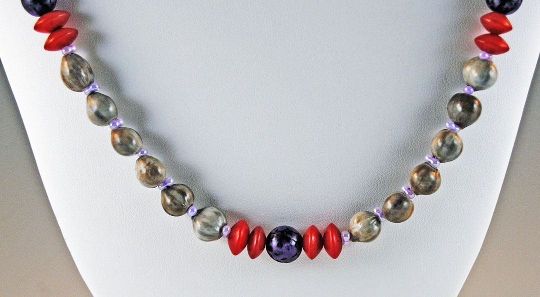 Job's Tears Necklace, Red Buri Nut Beads, Purple Salwag Beads, About 31 ...