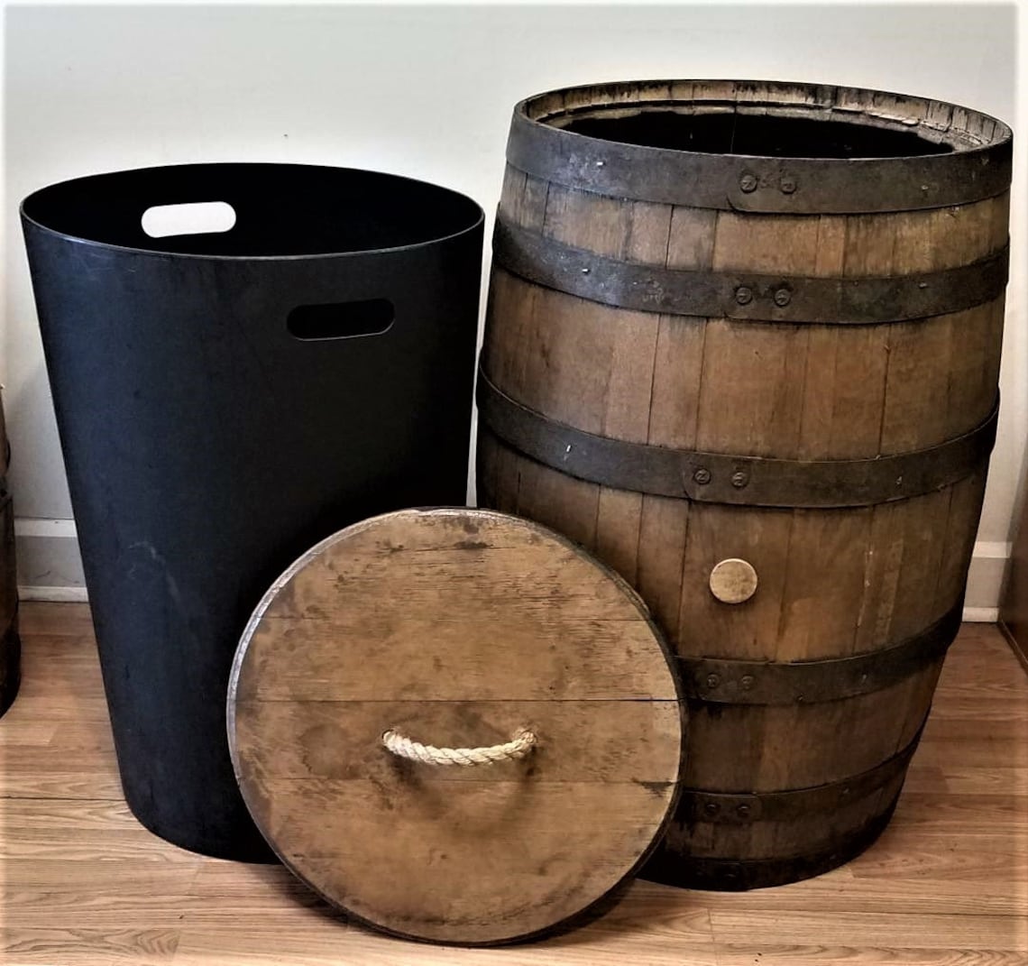 Whiskey Barrel Trash Can With Liner & Rope Handle Lid - Etsy