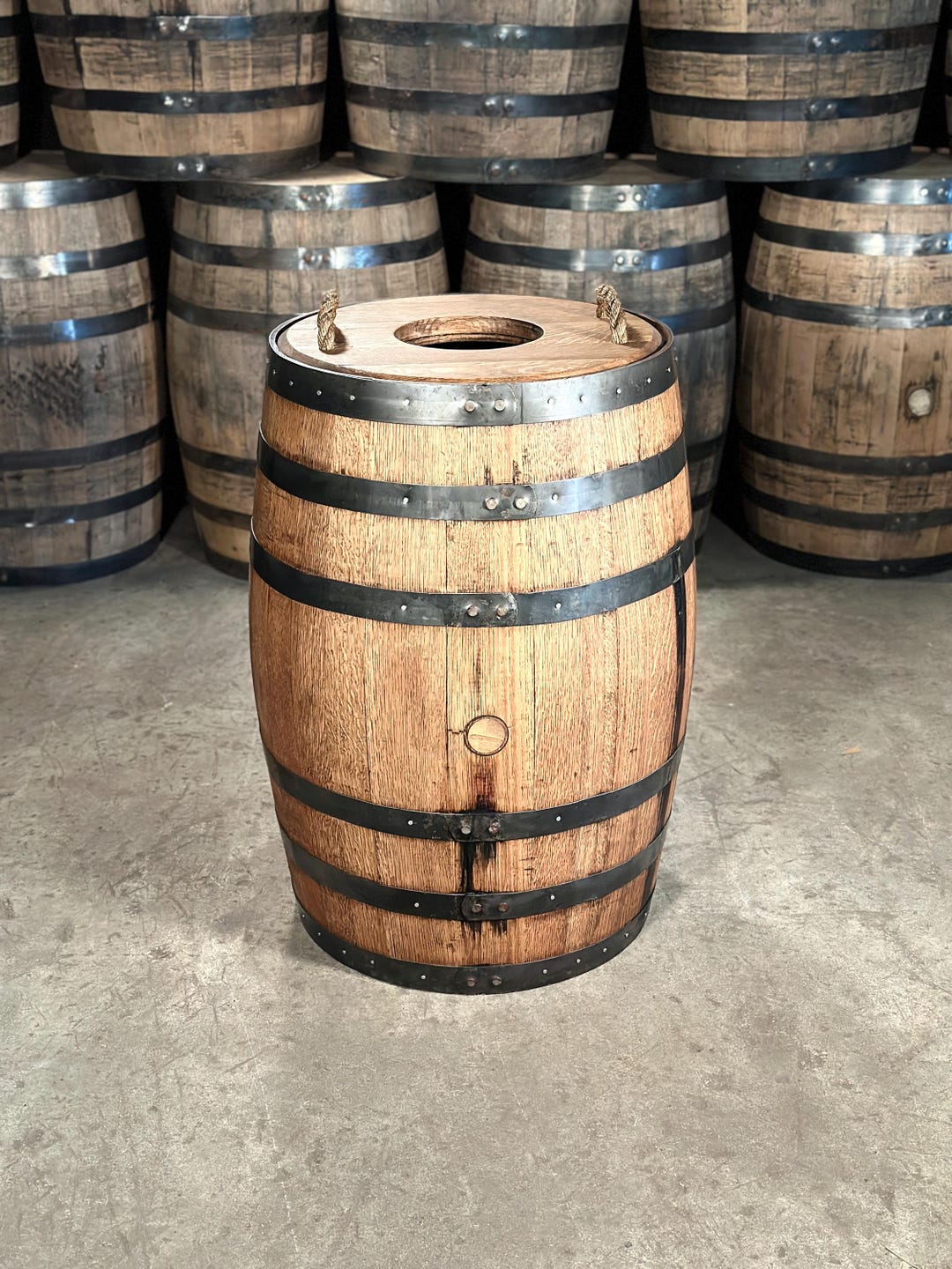 Whiskey Barrel Trash Can C/hole in Top- Rope Handles and Liner-free ...