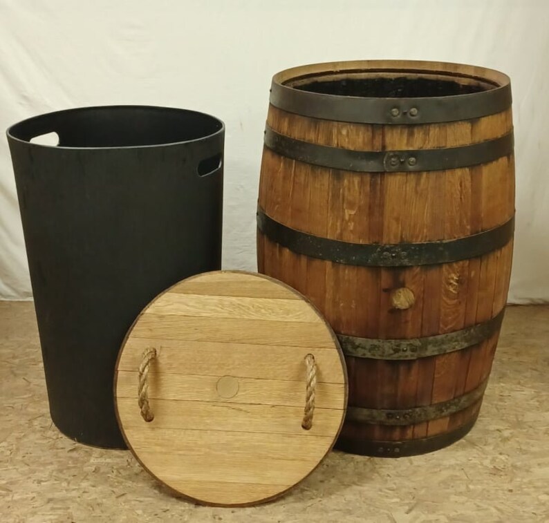 Whiskey Barrel Trash Can With Liner and Lid With Double Rope Handle ...