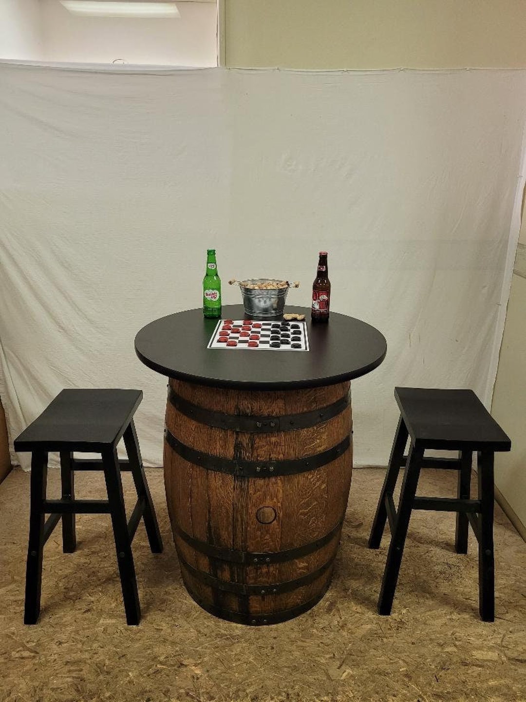 Whiskey Barrel-30" Table Top-checker Board Pattern on Top-checkers (2 ...