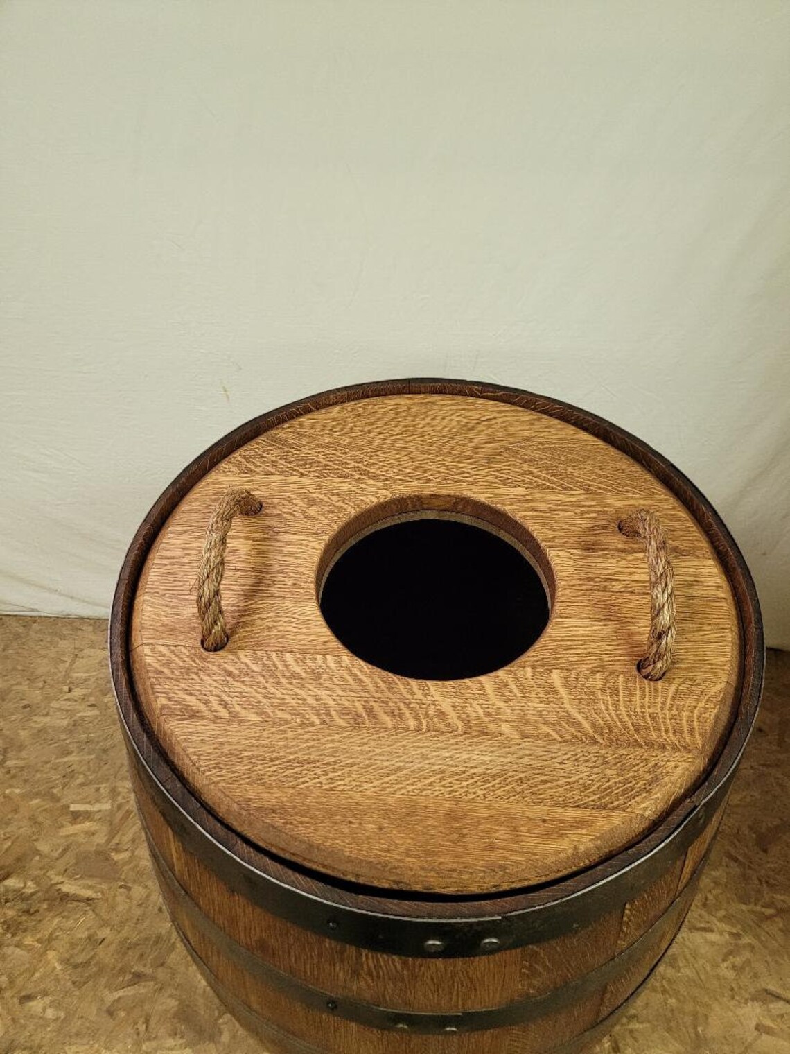 Whiskey Barrel Trash Can C/hole in Top Rope Handles and - Etsy