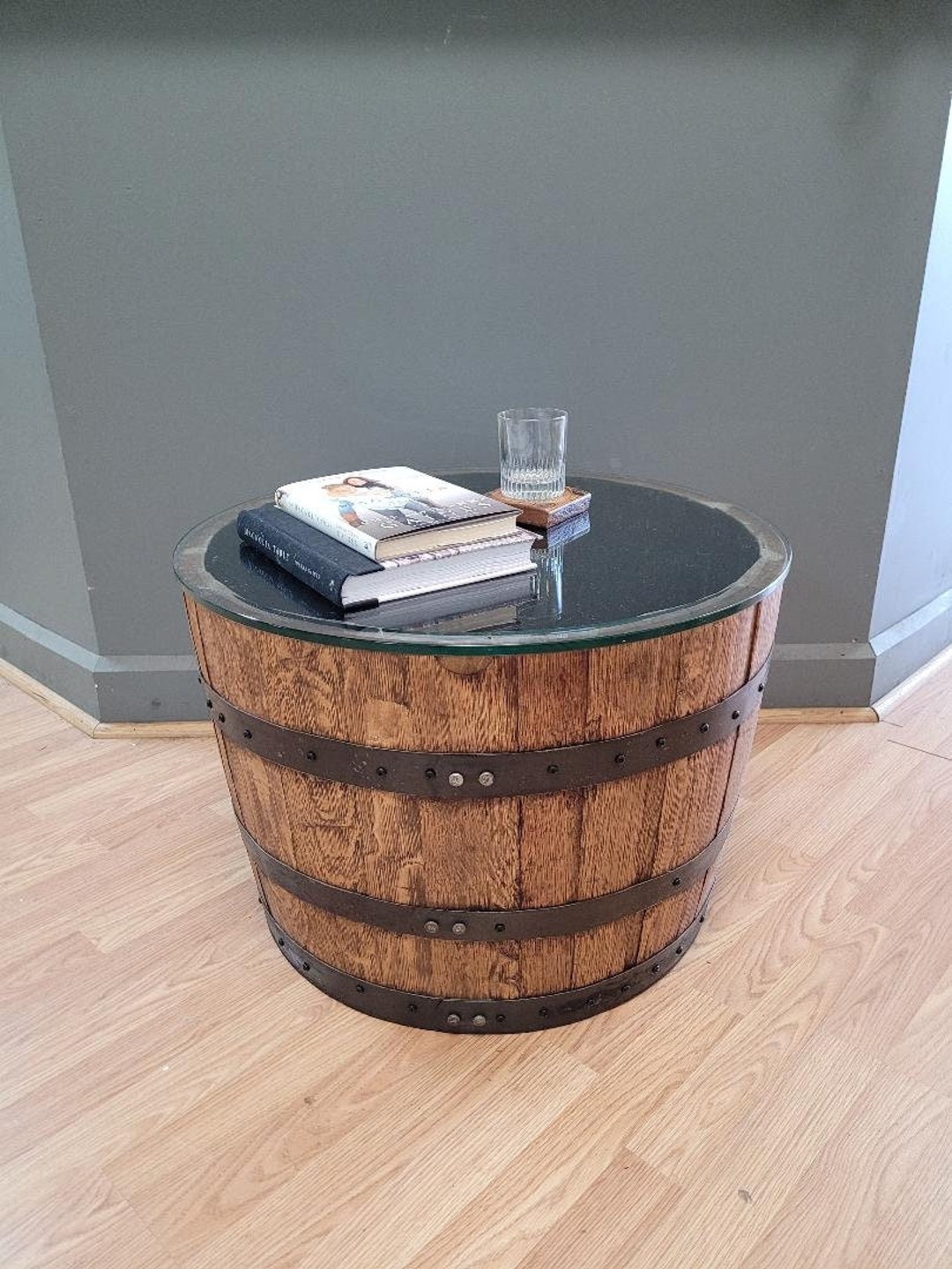 Real Half Whiskey Barrel Coffee Table-end Table C/glass Top-free ...