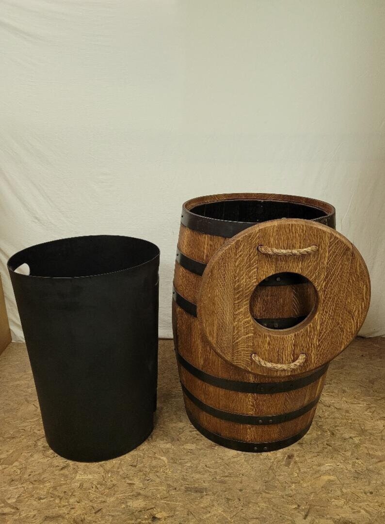 Whiskey Barrel Trash Can C/hole in Top Rope Handles and - Etsy