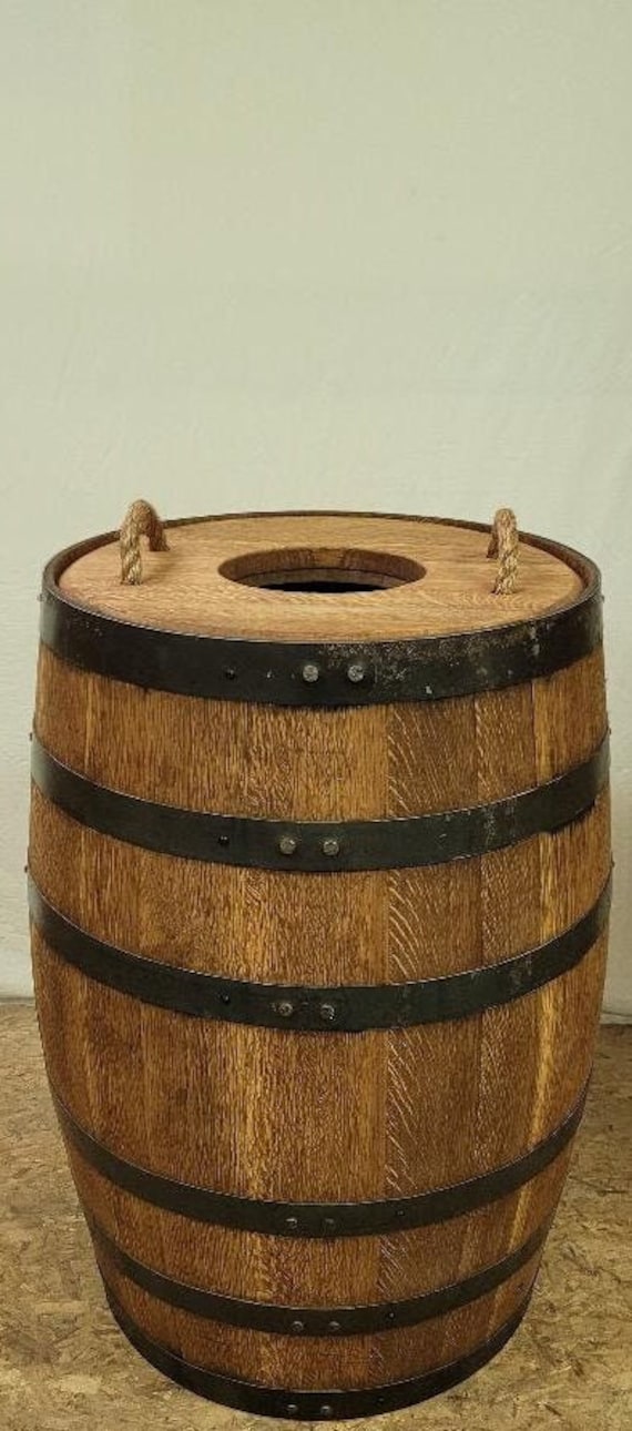 Whiskey Barrel Trash Can C/hole in Top Rope Handles and | Etsy