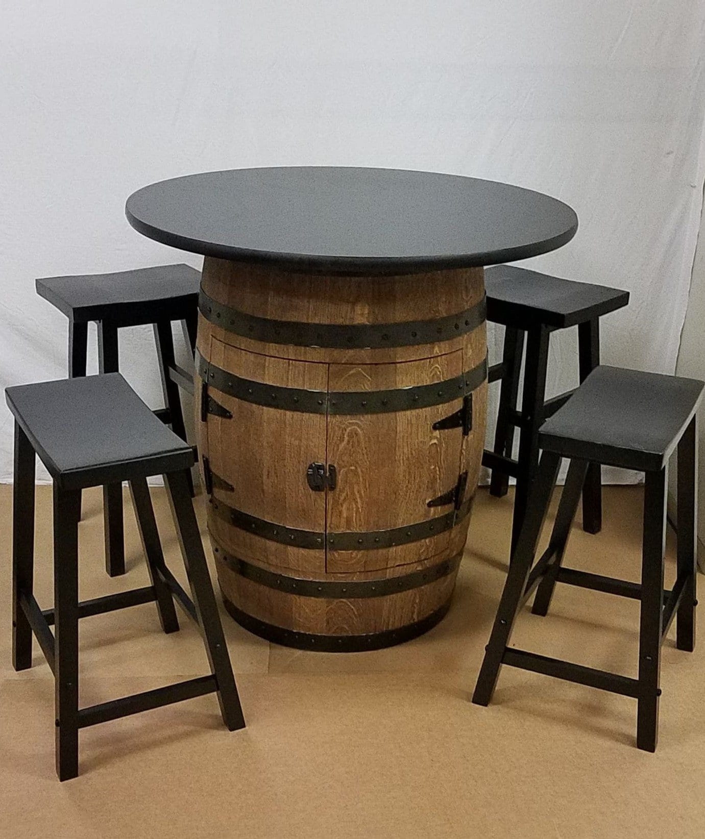 Whiskey Barrel Table Cabinet-36" Table Top-(4) Bar Stools-free SHIPPING ...