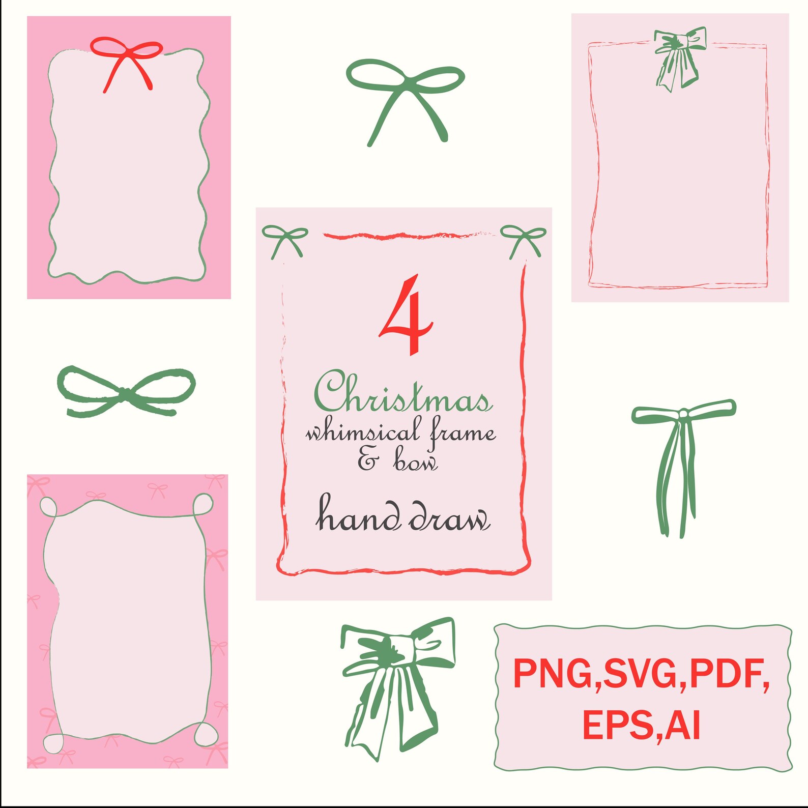 Whimsical Christmas Frame Clipart, Hand-drawn Bows (digital Download ...
