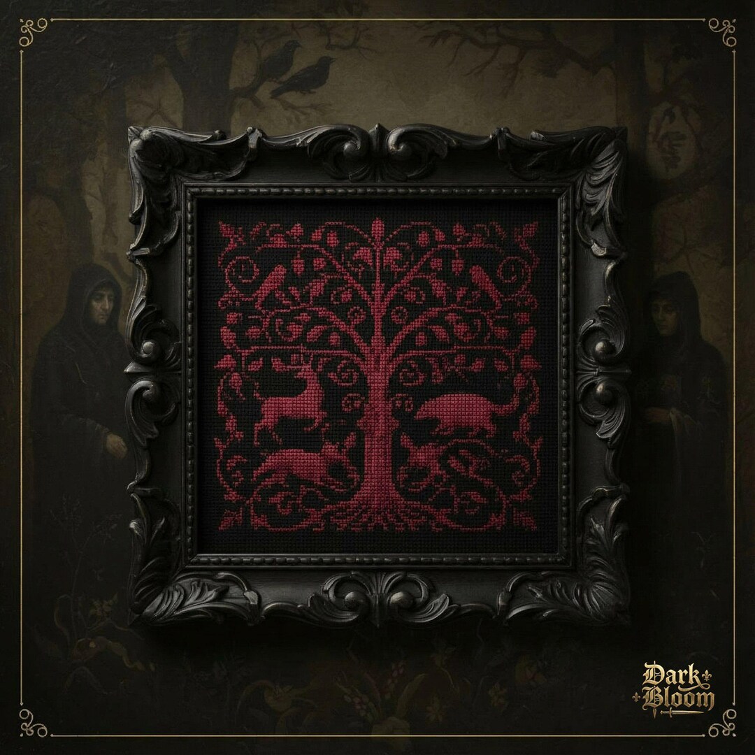 Gothic Tree of Life Cross Stitch Pattern • Redwork Forest Animals ...