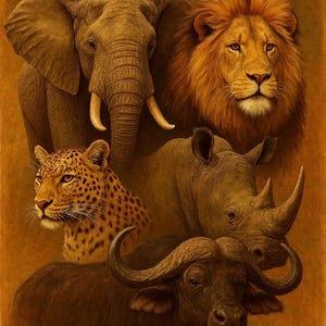 South Africa Big Five Art Print | Vintage Safari Animals Poster ...