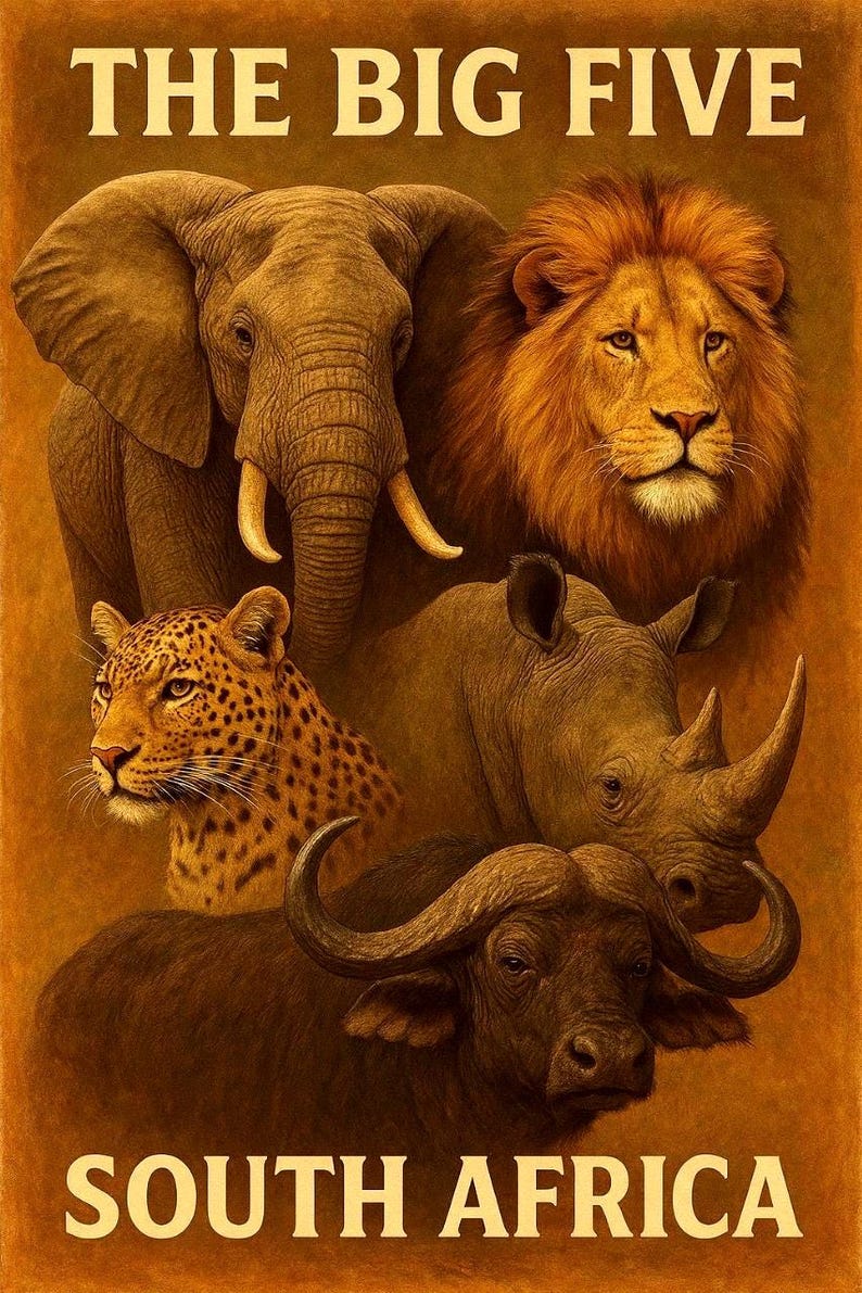 South Africa Big Five Art Print | Vintage Safari Animals Poster ...