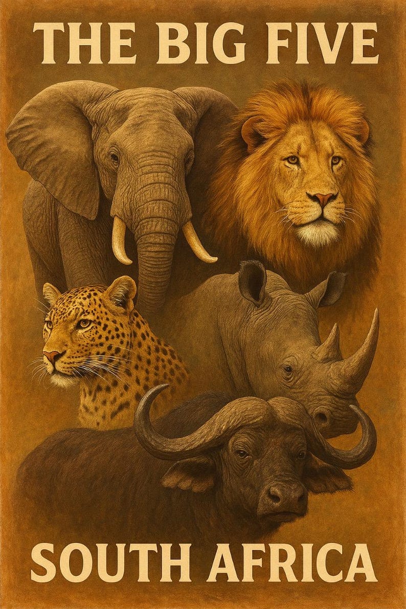 South Africa Big Five Art Print | Vintage Safari Animals Poster ...
