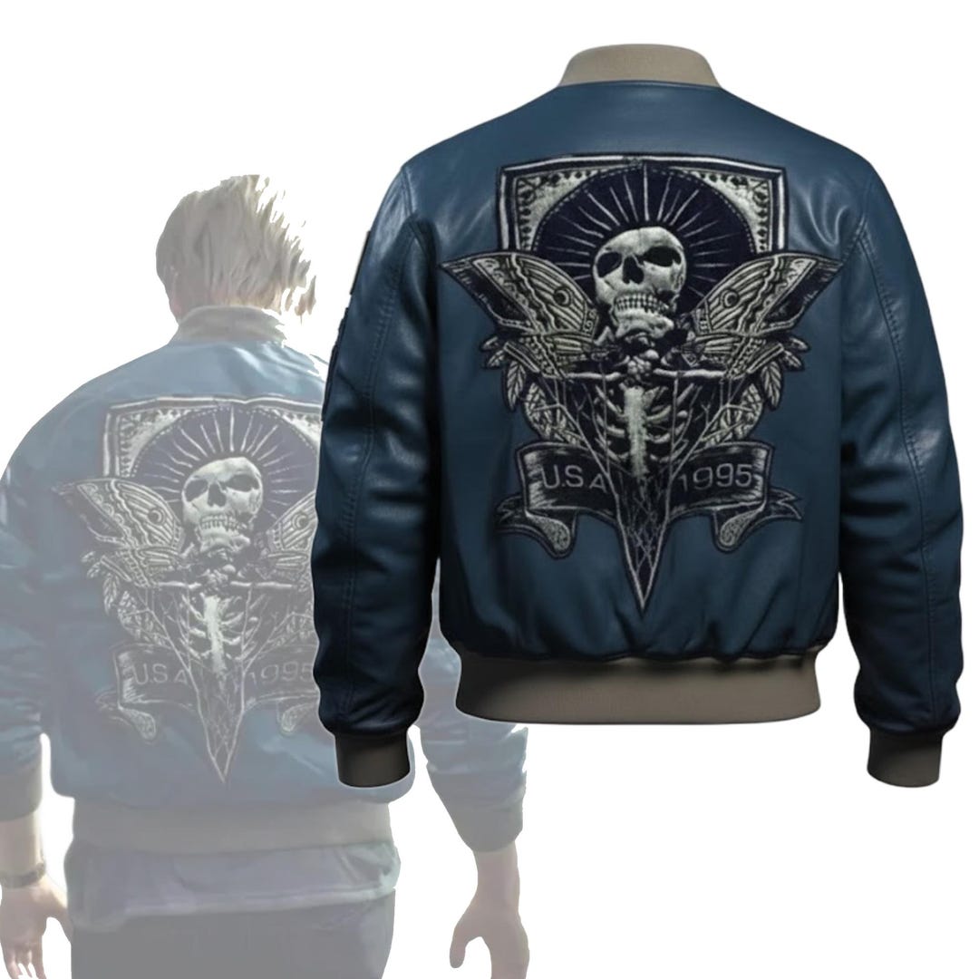 Leon S Kennedy Blue Leather Jacket - Resident Evil RPD Bomber Jacket ...