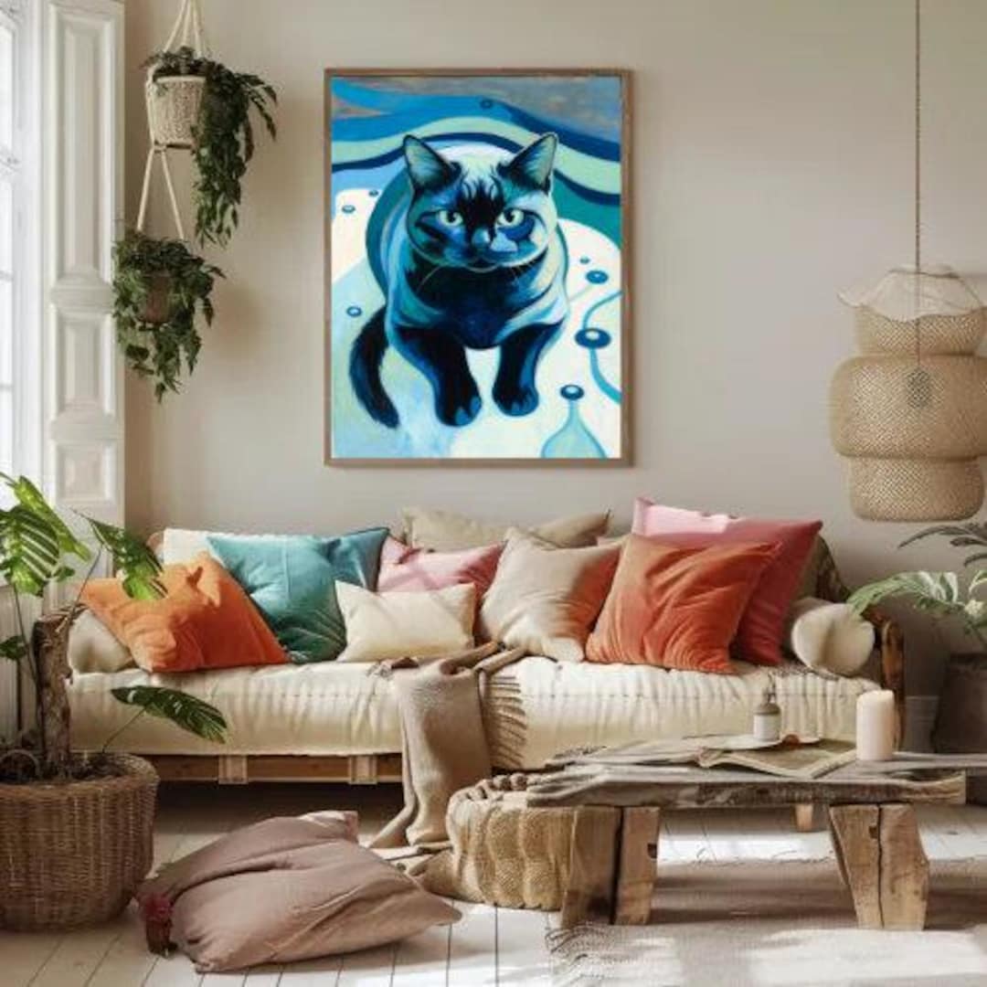 Blue Cat Wall Art Print | Abstract Feline Poster | Modern Animal ...