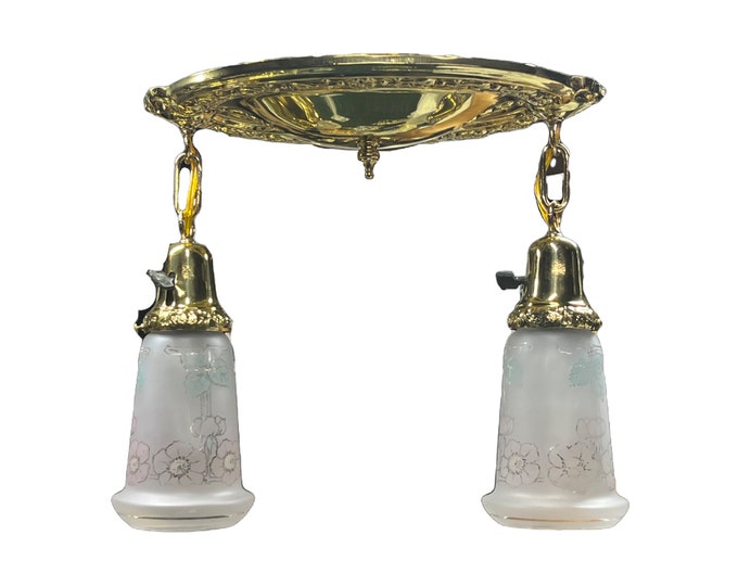 1920s Polished Brass Two Light Decorative Pan With Vintage Floral ...