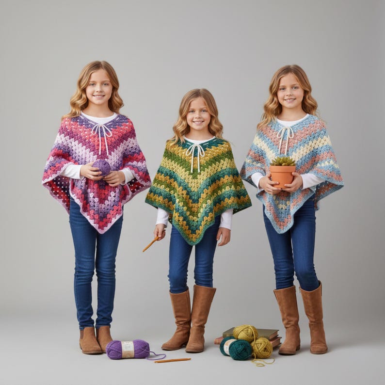 Best Granny Stitch Crochet Poncho Pattern PDF for 8 -10 Year Girl Easy ...