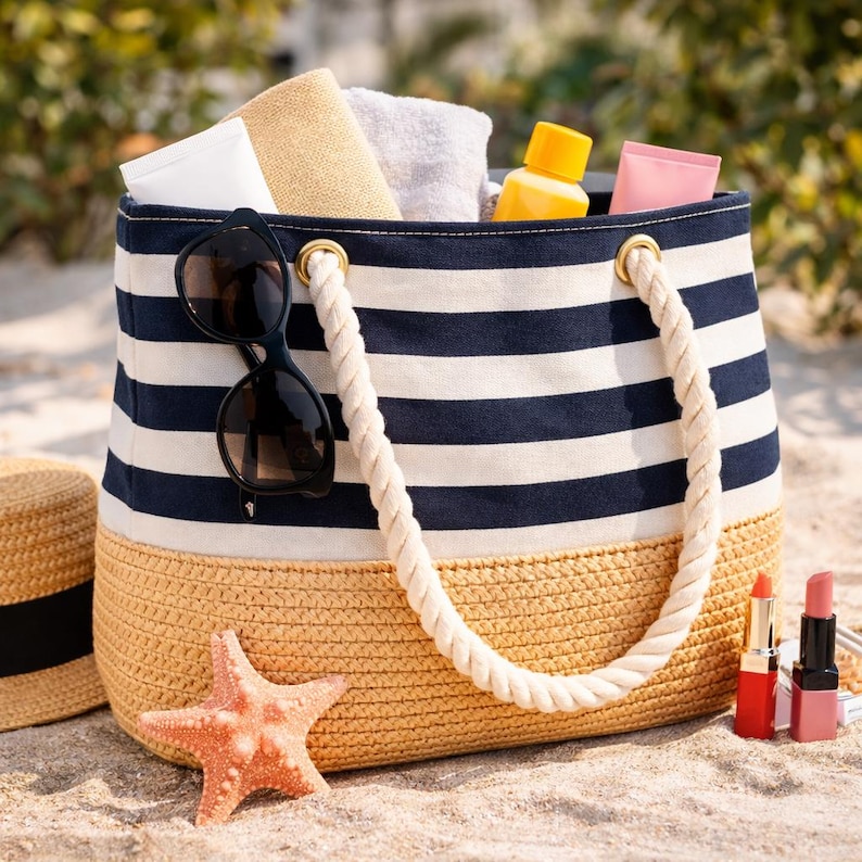 Nautical Canvas Beach Tote Bag, Rope Handle, Summer Travel (PDF Pattern ...