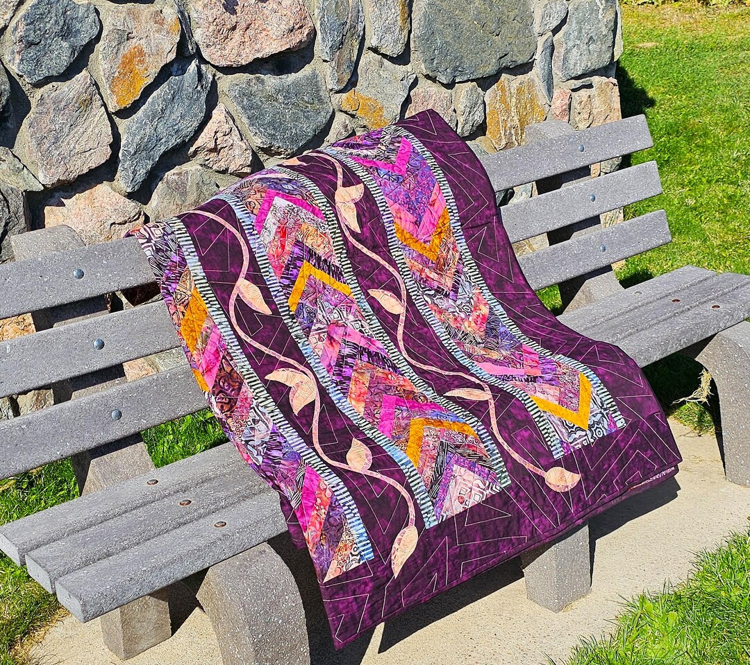 Royal Purple Chevron Braided Quilt: Appliqued Vines, Batik Fabrics ...