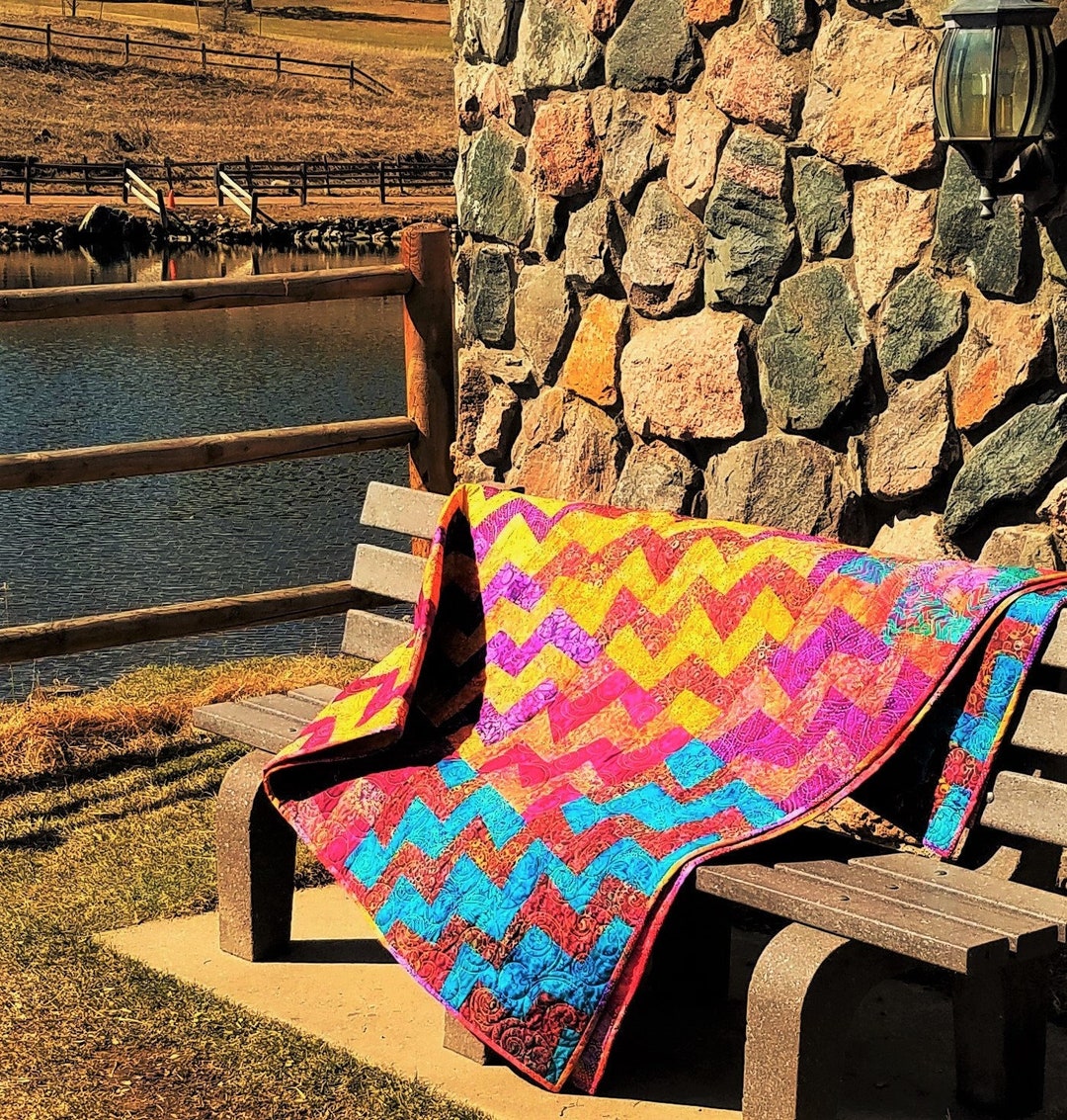 Fractured Sunset Batik Queen Quilt: Colorful Chevron Design - Etsy