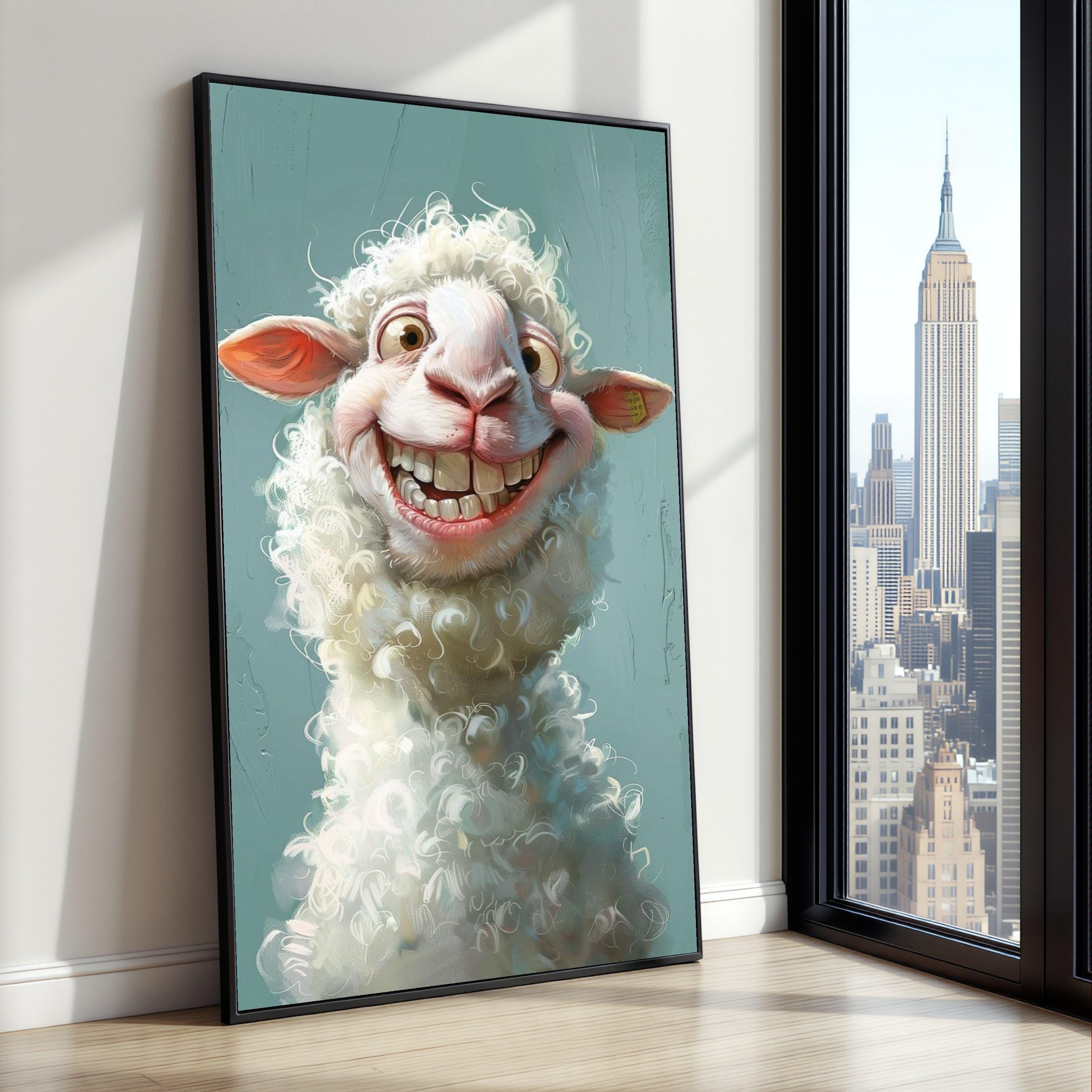 Whimsical Smiling Sheep Canvas, Funny Animal Art, Playful Farmhouse ...
