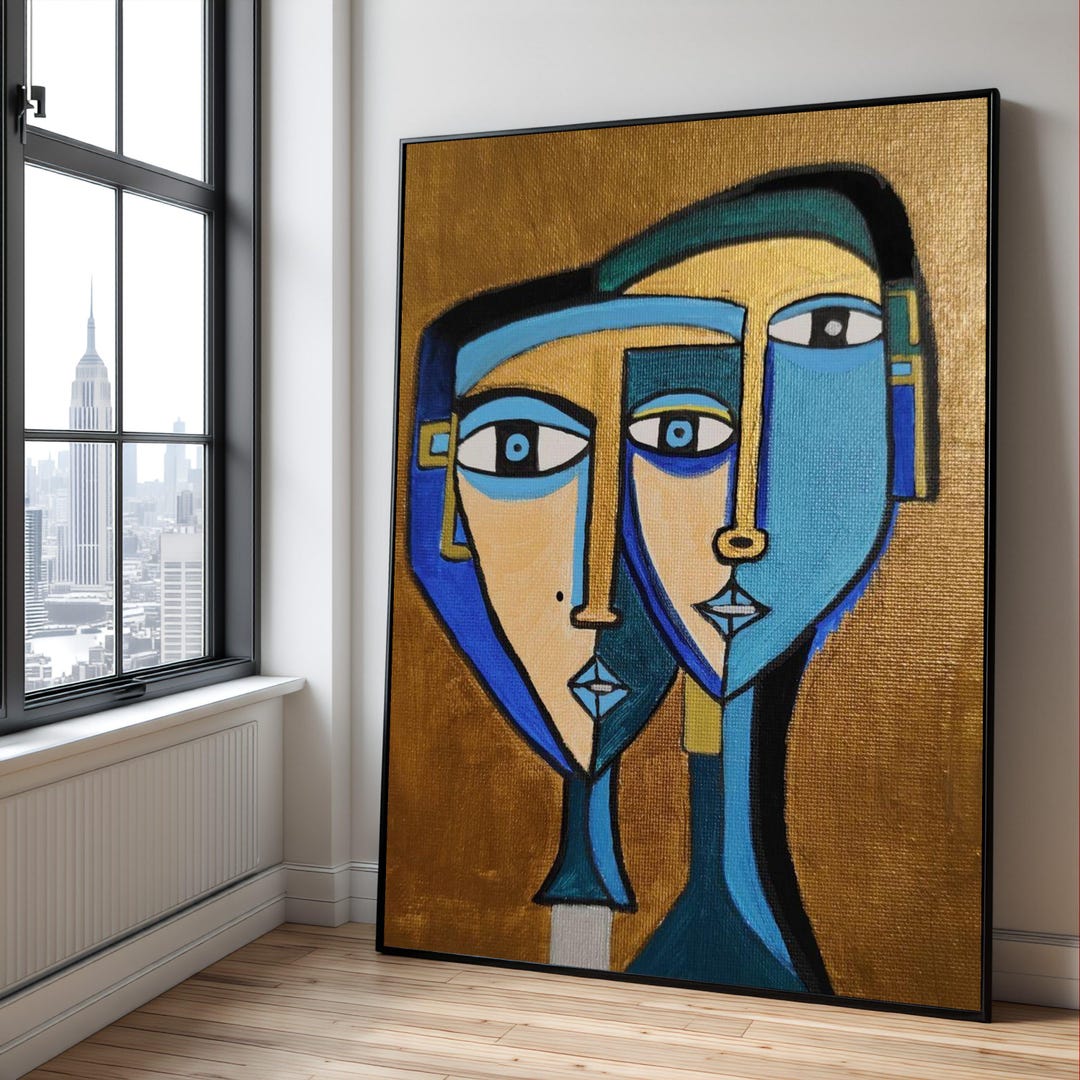 Abstract Cubism Faces, Modern Blue and Gold Canvas Wall Art ...