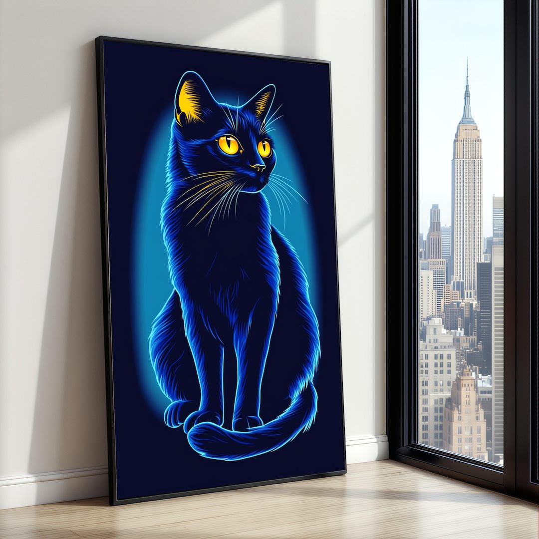 Neon Black Cat Canvas, Modern Feline Portrait, Bright Yellow Eyes - Etsy