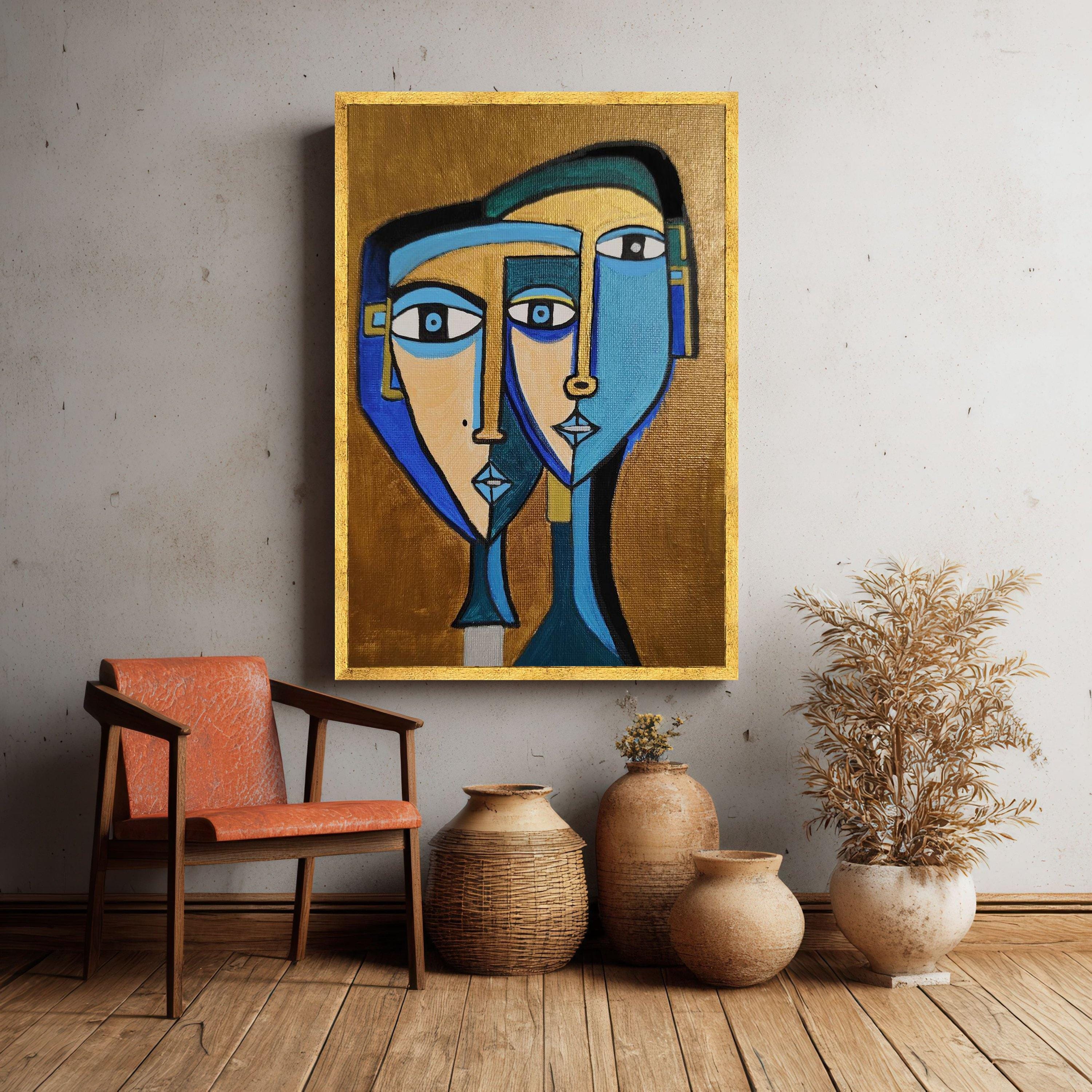 Abstract Cubism Faces, Modern Blue and Gold Canvas Wall Art ...