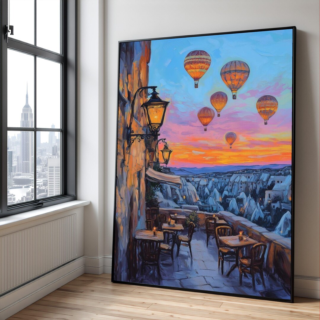 Sunset Hot Air Balloons Over Terrace, Romantic Outdoor Cafe Canvas ...