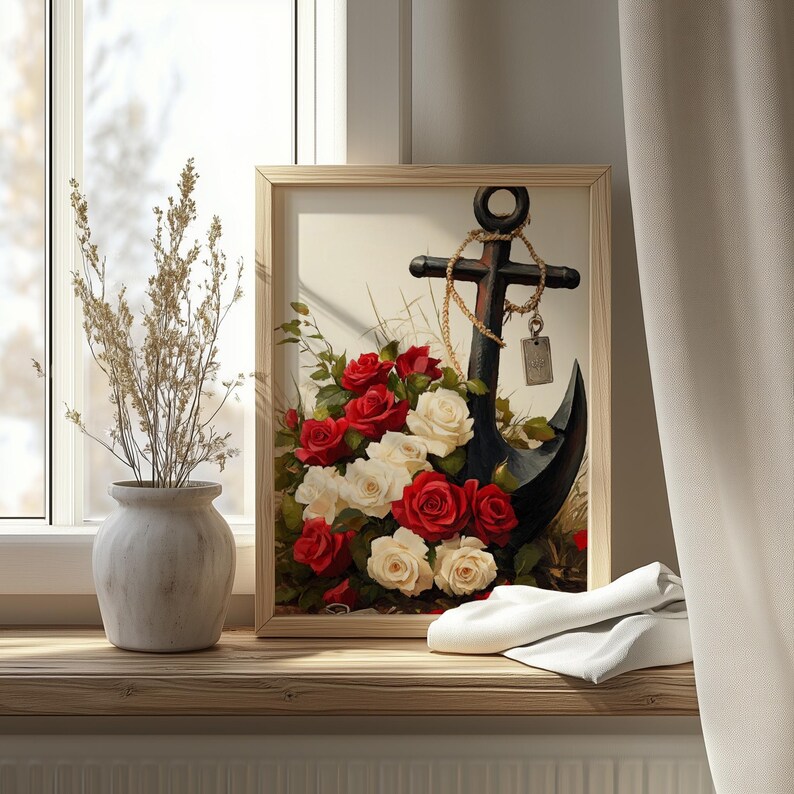 Anchor & Red/white Roses Patriotic Art • Military Anniversary Gift ...