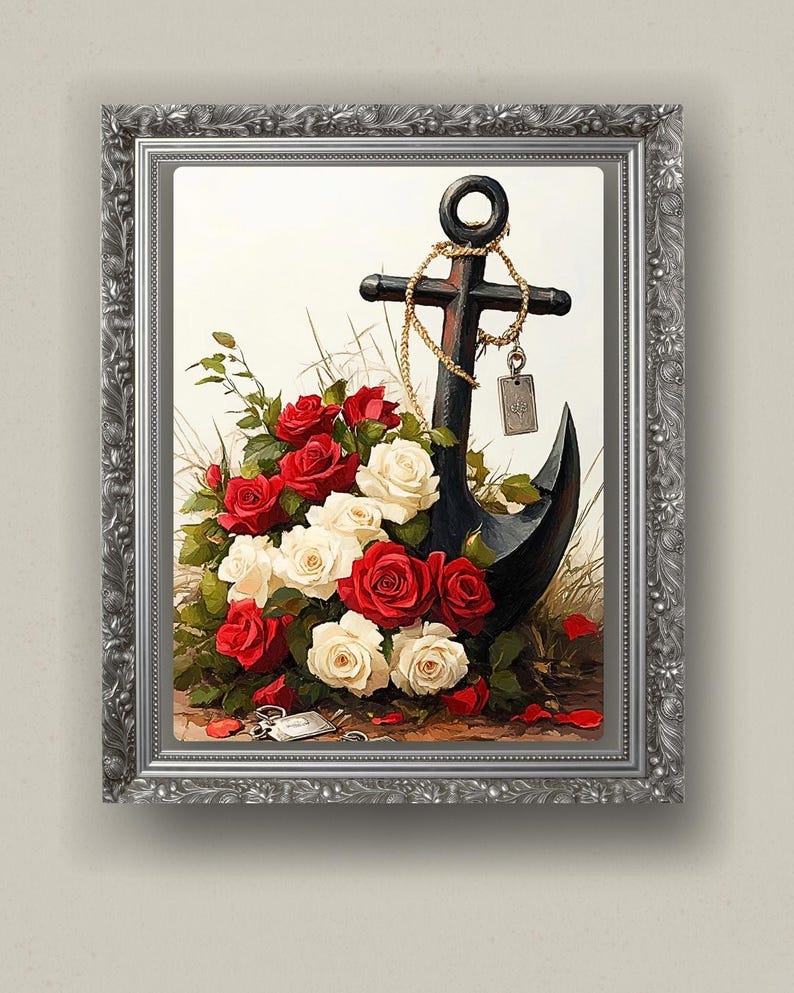 Anchor & Red/white Roses Patriotic Art • Military Anniversary Gift ...