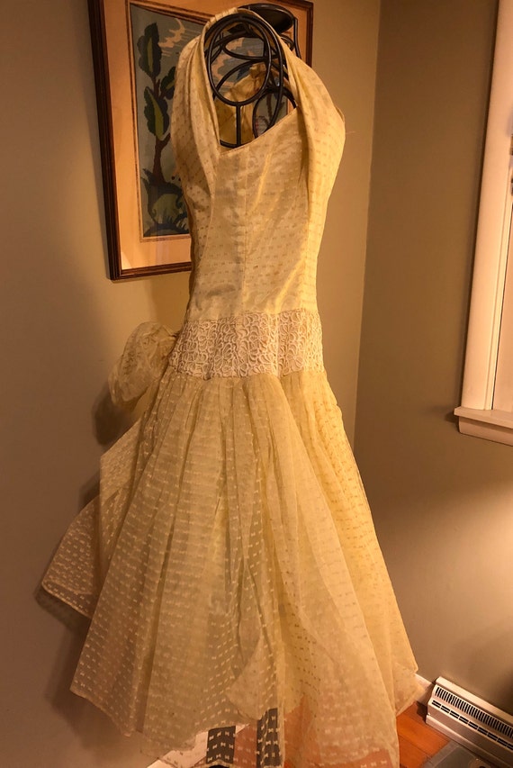 1950s yellow organdy fit and flare party dress/formal - Gem