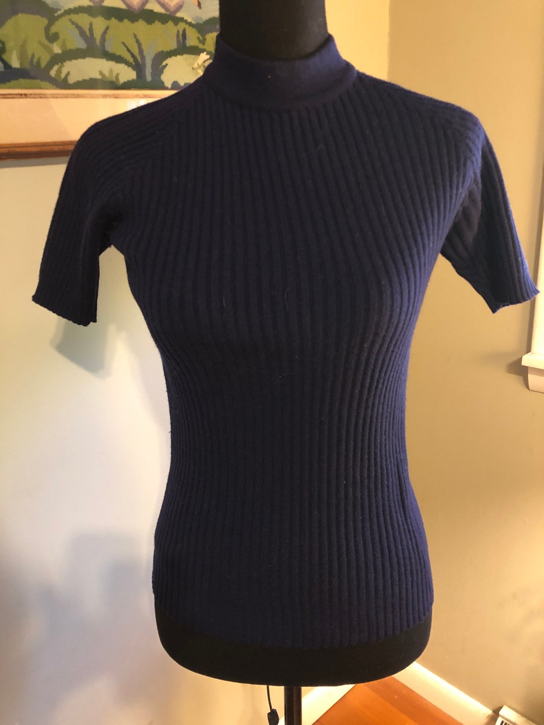 1960s Short Sleeve Navy Blue Ribbed Wool Pullover Sweater - Etsy