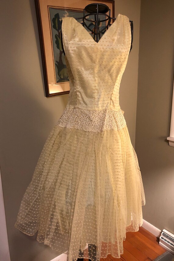1950s yellow organdy fit and flare party dress/formal - Gem