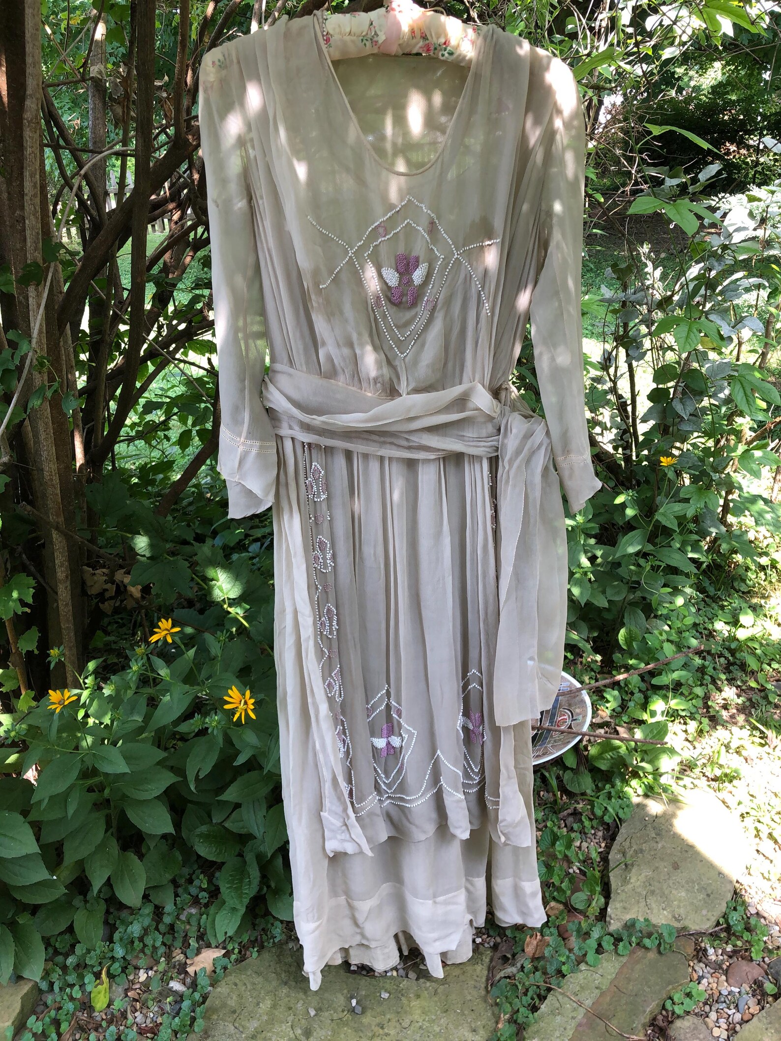 Late 1910s/1920s Putty Silk Crepe Dress With Beaded Detailing - Etsy